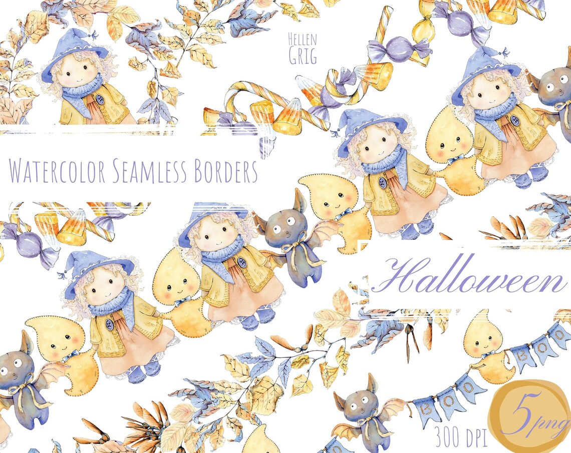 Watercolor Halloween Border Clipart. Fall Seamless Borders. - Etsy