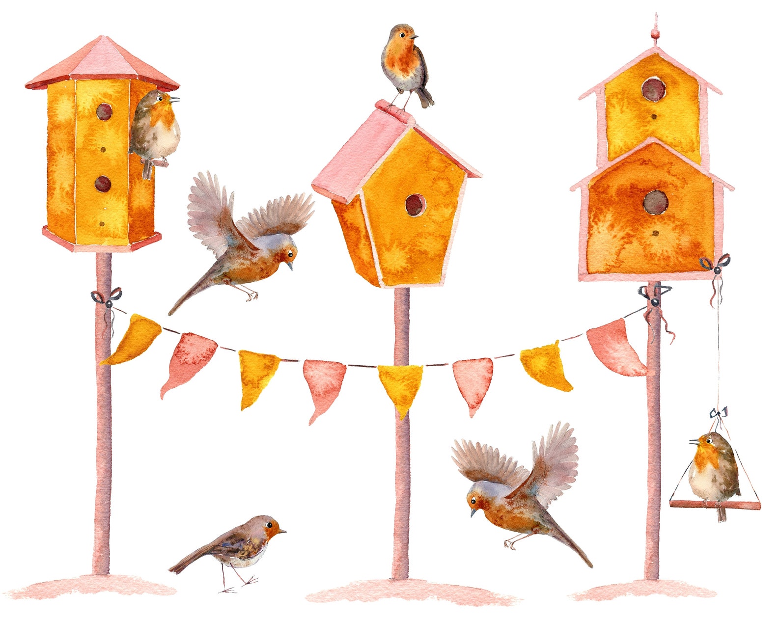 Watercolor Spring Clip Art, Handpainted Robin Birds and Bird Houses ...