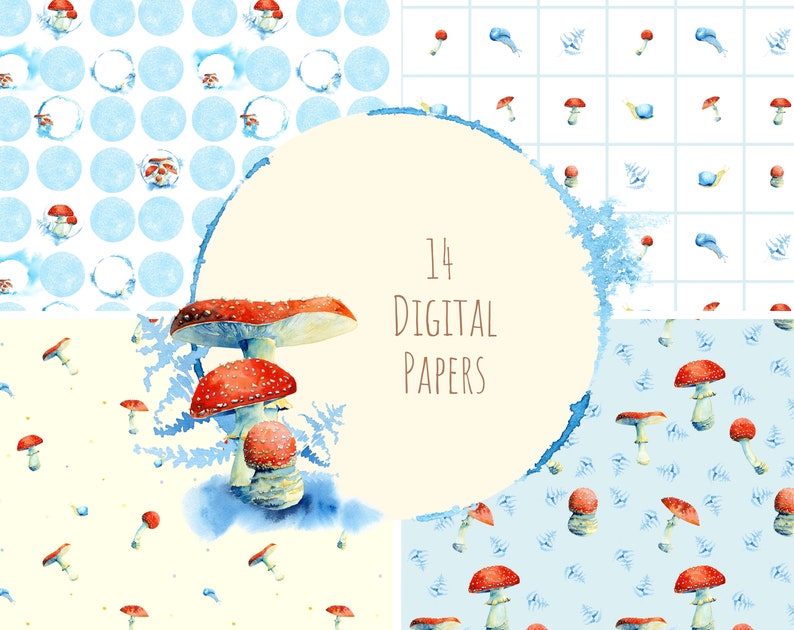 Watercolor Mushroom Digital Paper, 14 Seamless Patterns. Handpainted ...