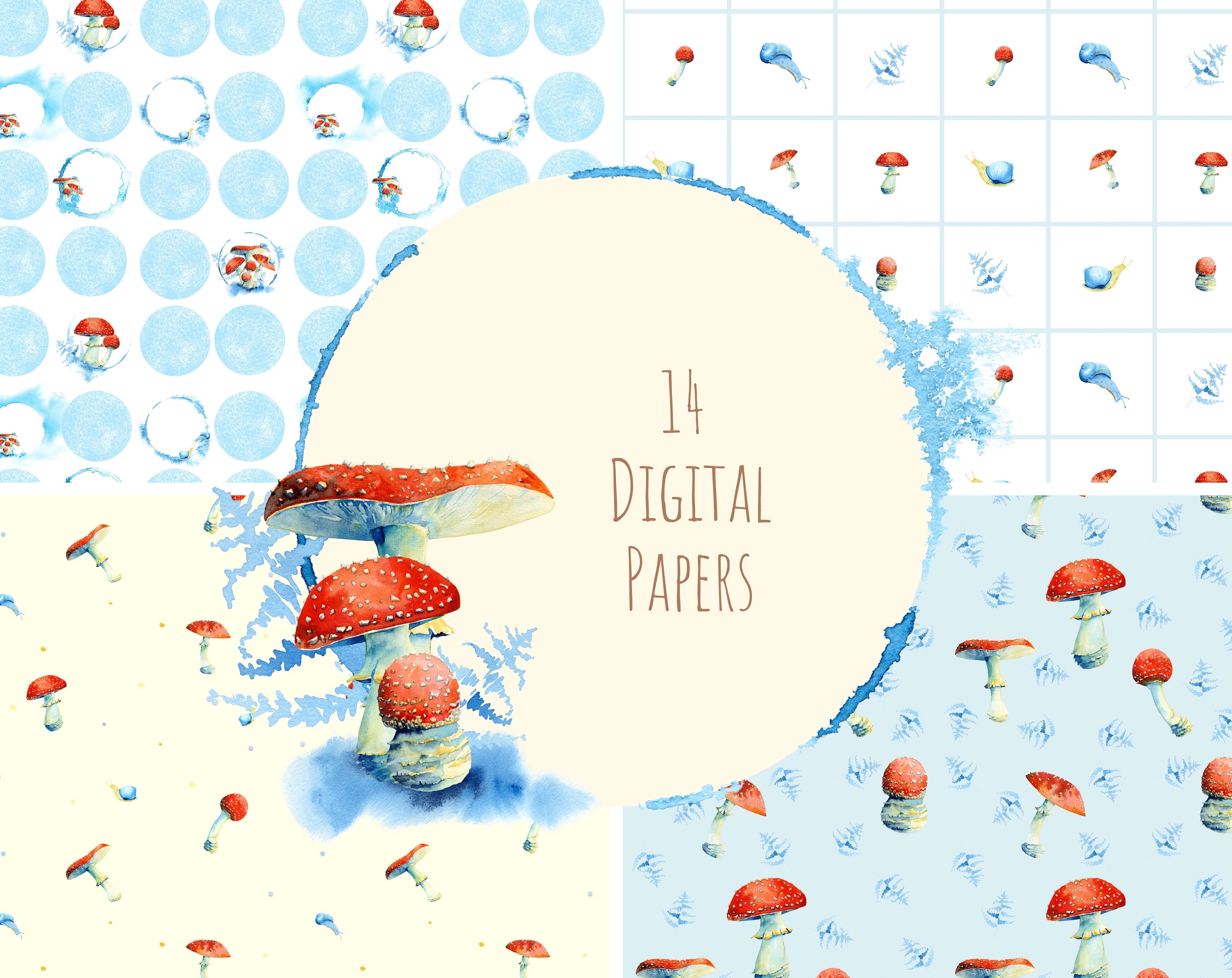Watercolor Mushroom Digital Paper, 14 Seamless Patterns. Handpainted ...