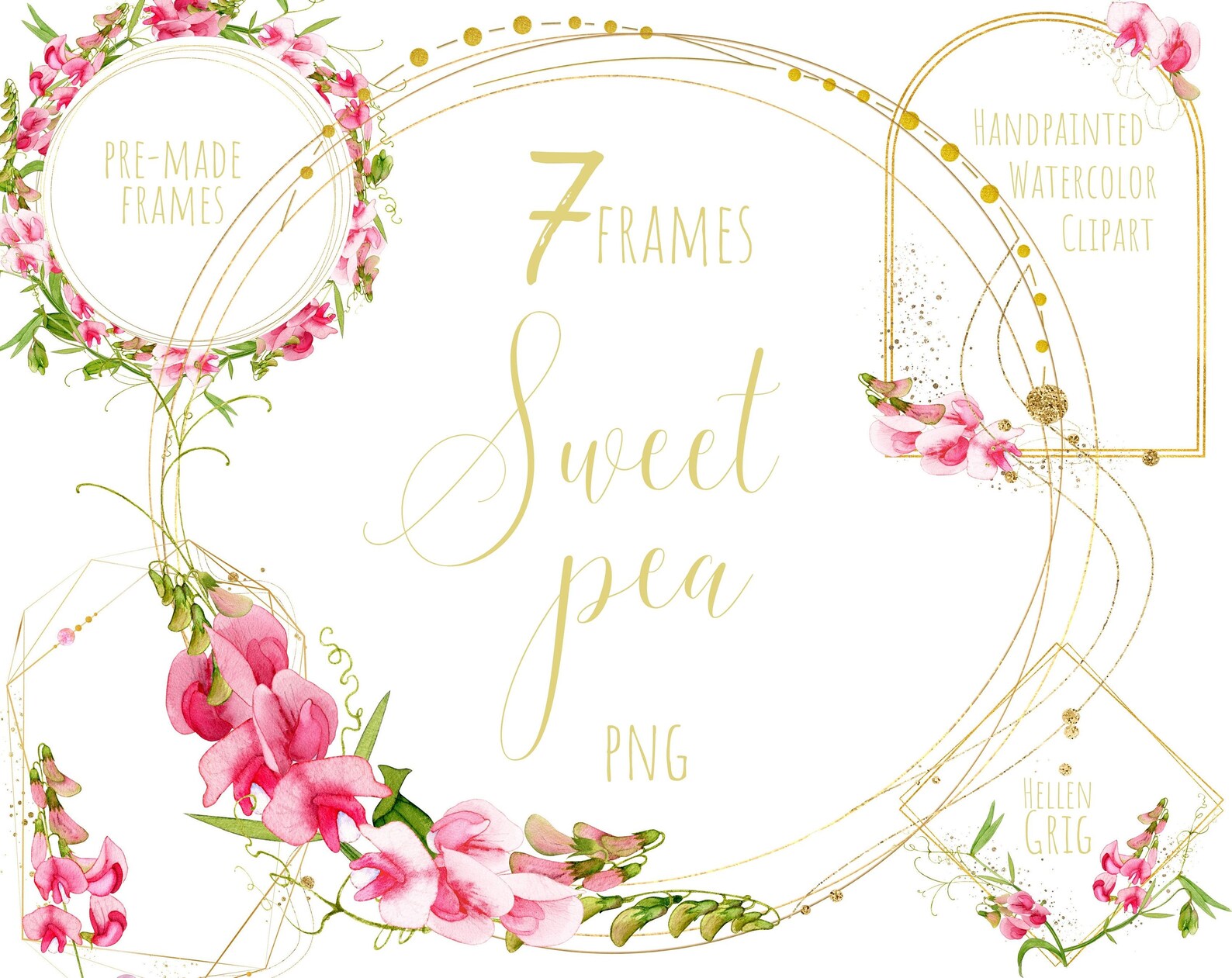 Bright Floral Frames. Watercolor Vivid Summer Sweet Pea Gold - Etsy