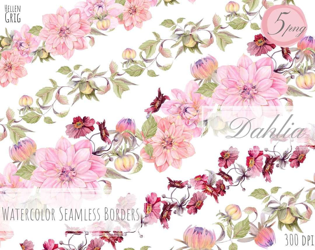 Watercolor Pink Floral Border Clipart. Fall Seamless Borders. PNG Files ...