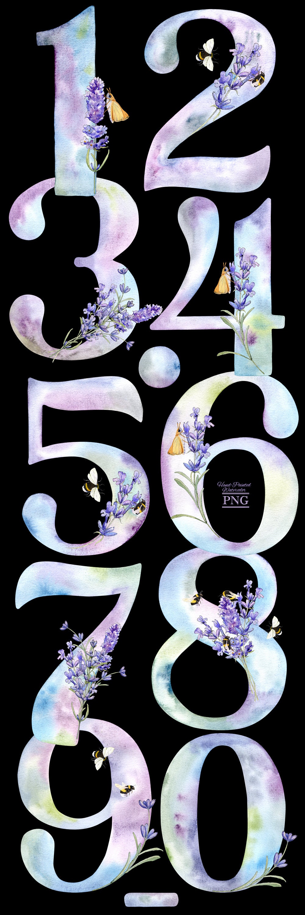 Watercolor Lavender Numbers Clipart Hand Painted Number - Etsy
