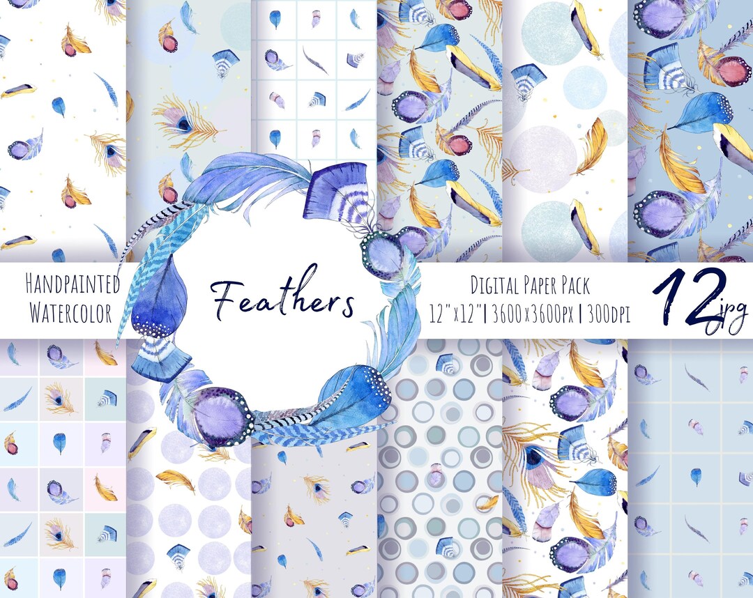 Watercolor Feather Digital Paper, 12 Seamless Boho Patterns (instant ...