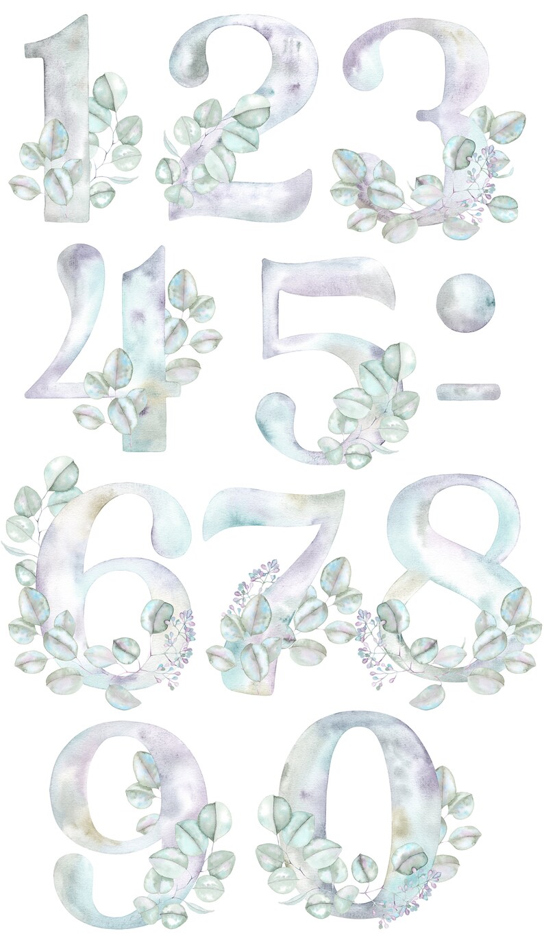 Watercolor Numbers Clipart, Hand Painted Number Floral Clip Art ...