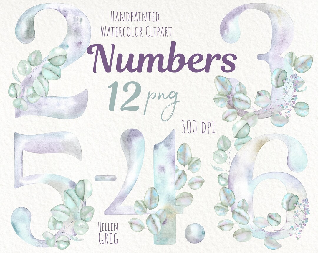Watercolor Numbers Clipart, Hand Painted Number Floral Clip Art ...