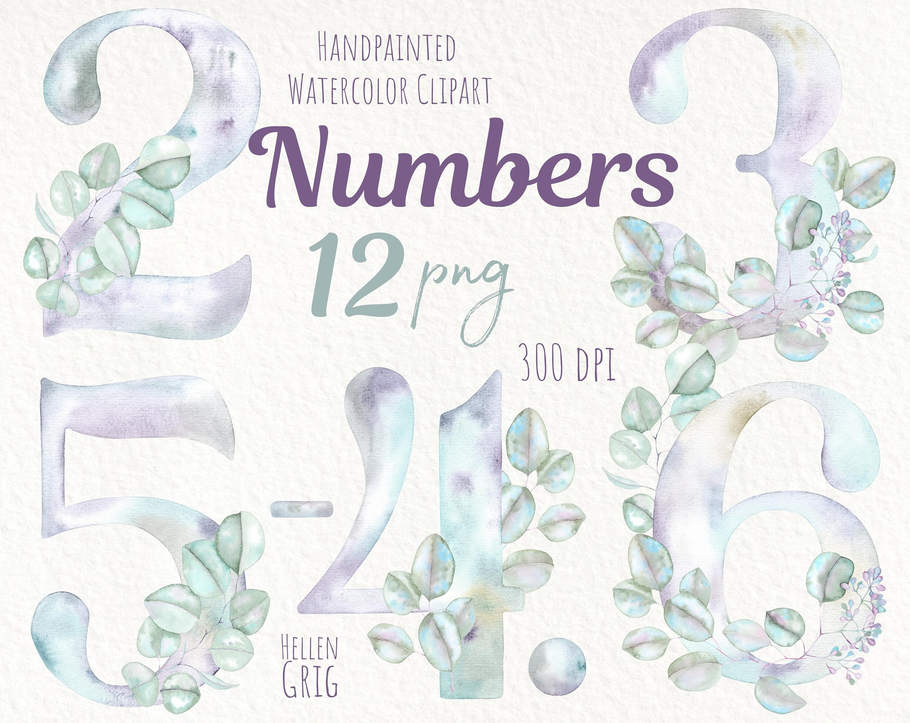 Watercolor Numbers Clipart, Hand Painted Number Floral Clip Art ...