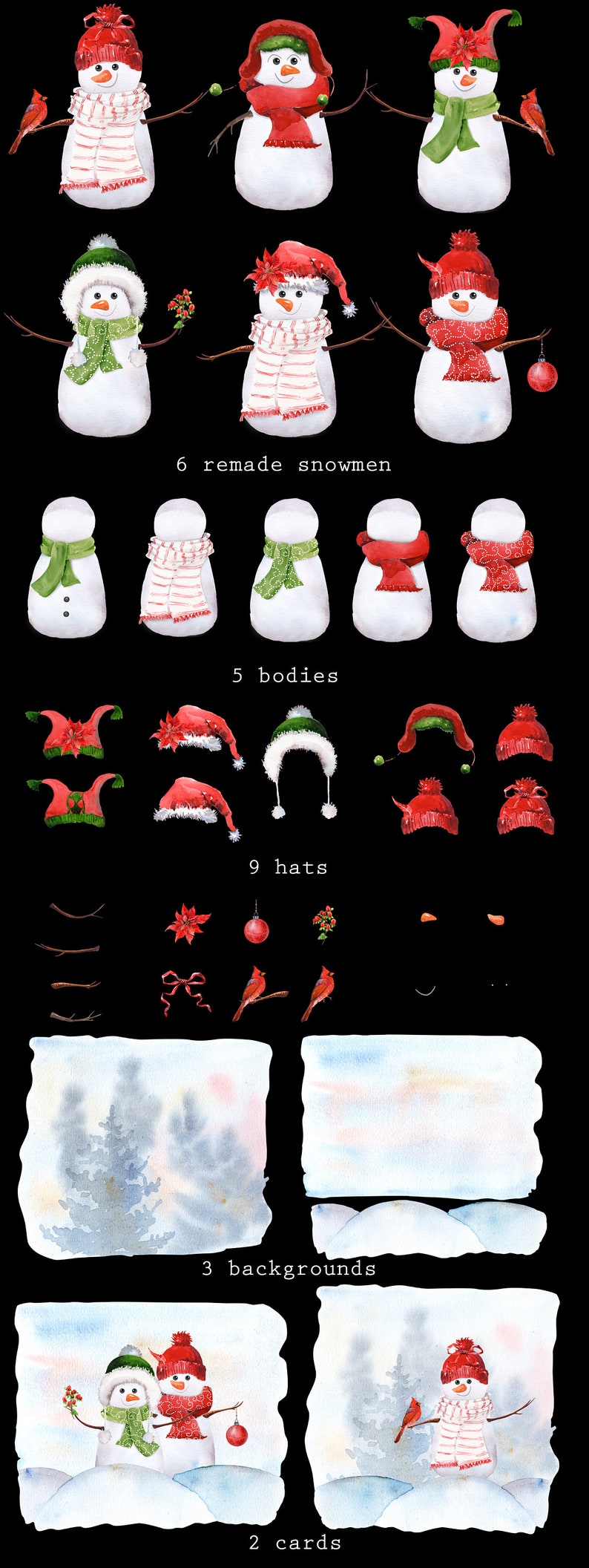 Watercolor Snowmen Clipart. Christmas Snowmen Constructor Kit. - Etsy