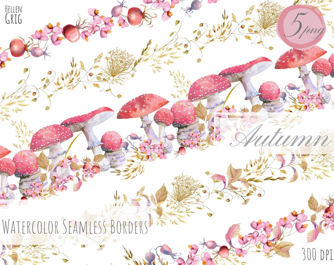 Pink Autumn Border. Watercolor Clipart. Fall Seamless Borders. PNG ...