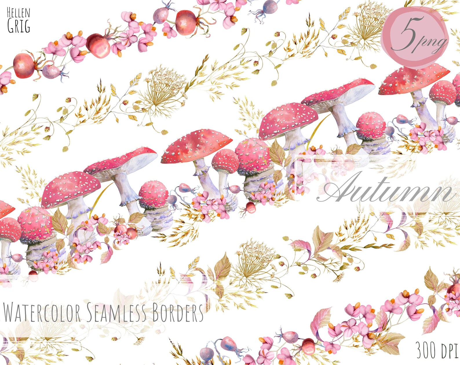 Pink Autumn Border. Watercolor Clipart. Fall Seamless Borders. - Etsy