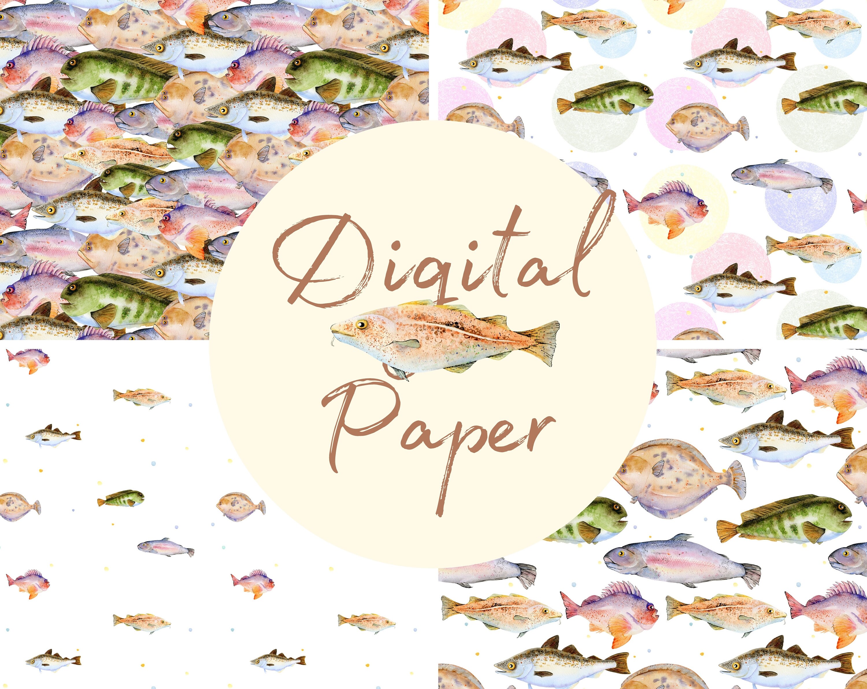 Watercolor Fish Digital Paper, 12 Seamless Patterns. Handpainted Sea ...