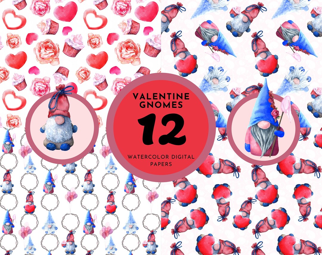 Watercolor Valentine Gnomes Digital Papers, Fabric Seamless Pattern ...