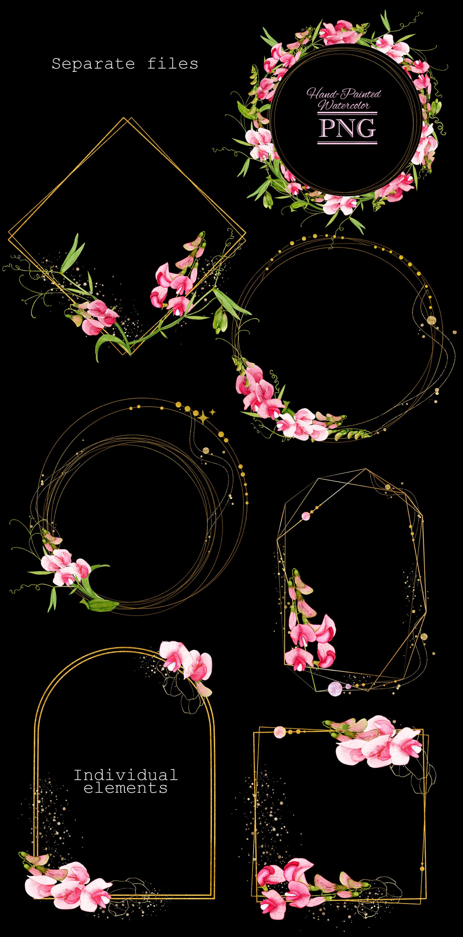 Bright Floral Frames. Watercolor Vivid Summer Sweet Pea Gold Frames ...