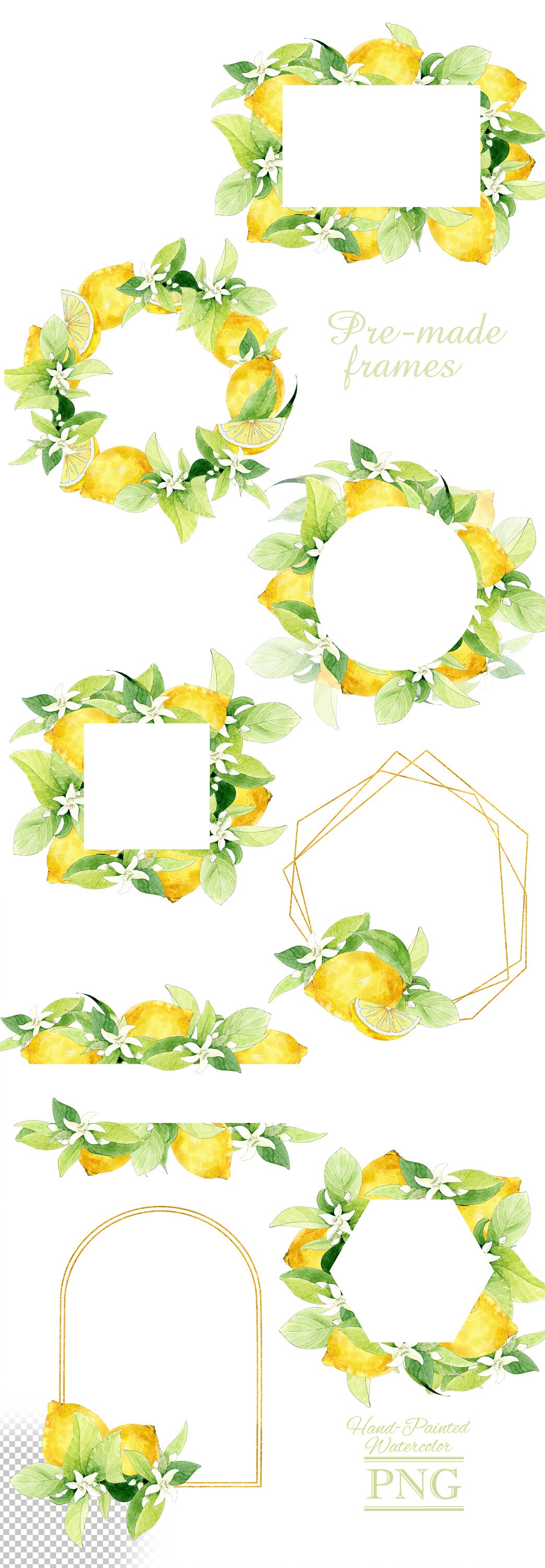 Watercolor Lemon Frame Clipart. Handpainted Bright Summer Fruit. Gold ...