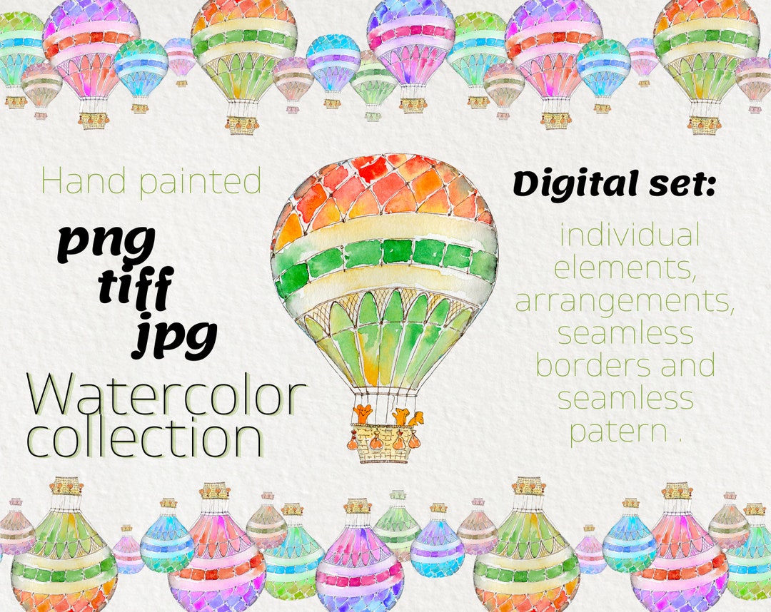 Hot Air Balloon Hand Painted Watercolor Clipart, Nursery Clip Art ...