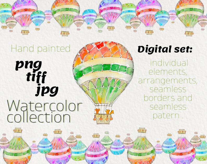 Hot Air Balloon Hand Painted Watercolor Clipart, Nursery Clip Art ...