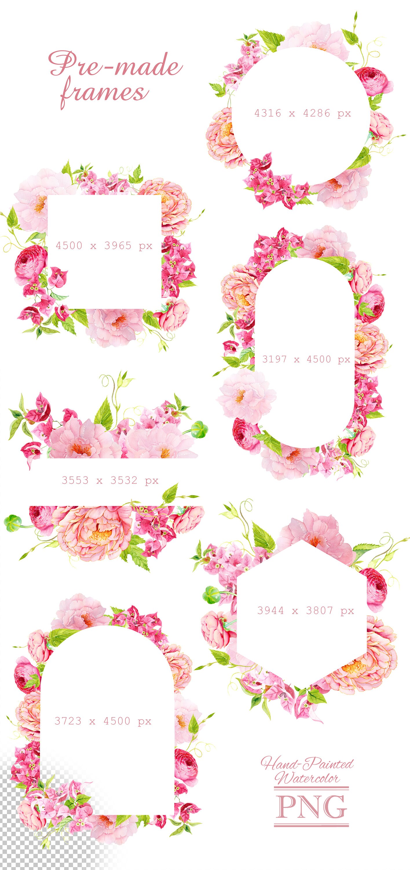 Bright Floral Frames. Watercolor Vivid Summer Peonies Geometric Frames ...