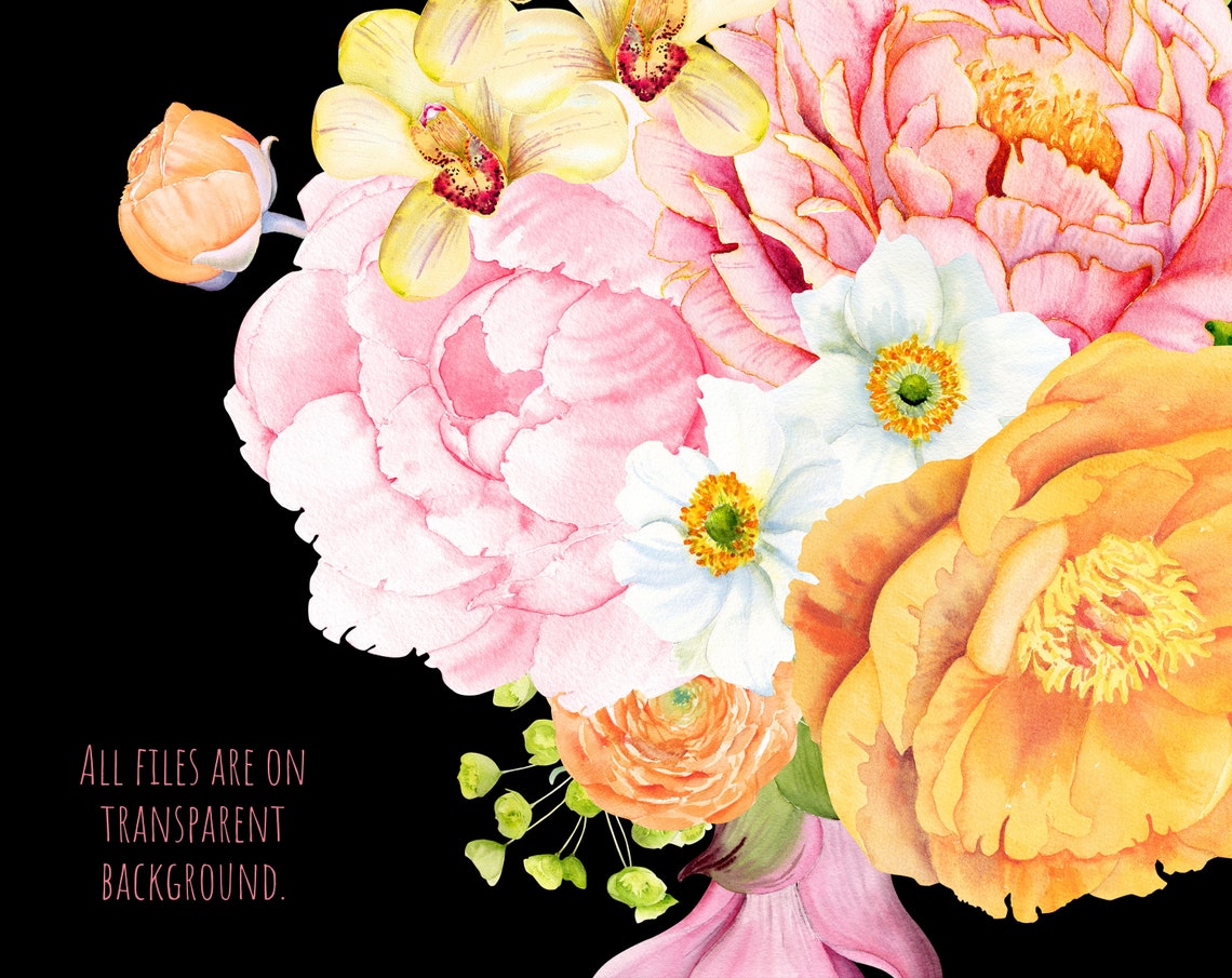 Watercolor Floral Clipart Pink Peony Bouquets Flower - Etsy