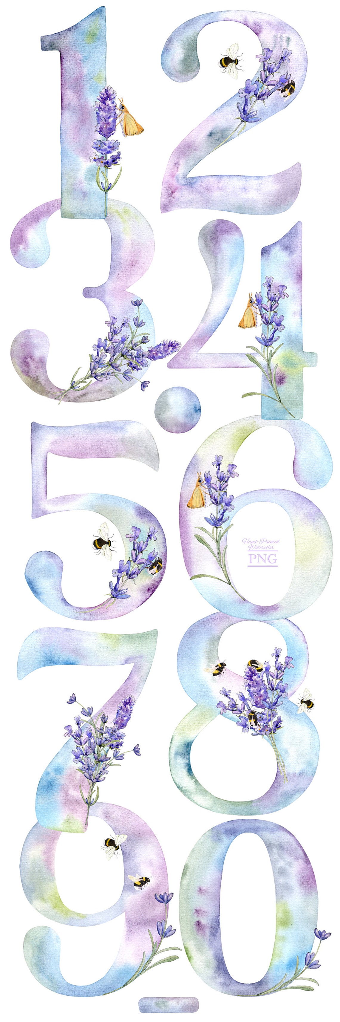 Watercolor Lavender Numbers Clipart Hand Painted Number - Etsy