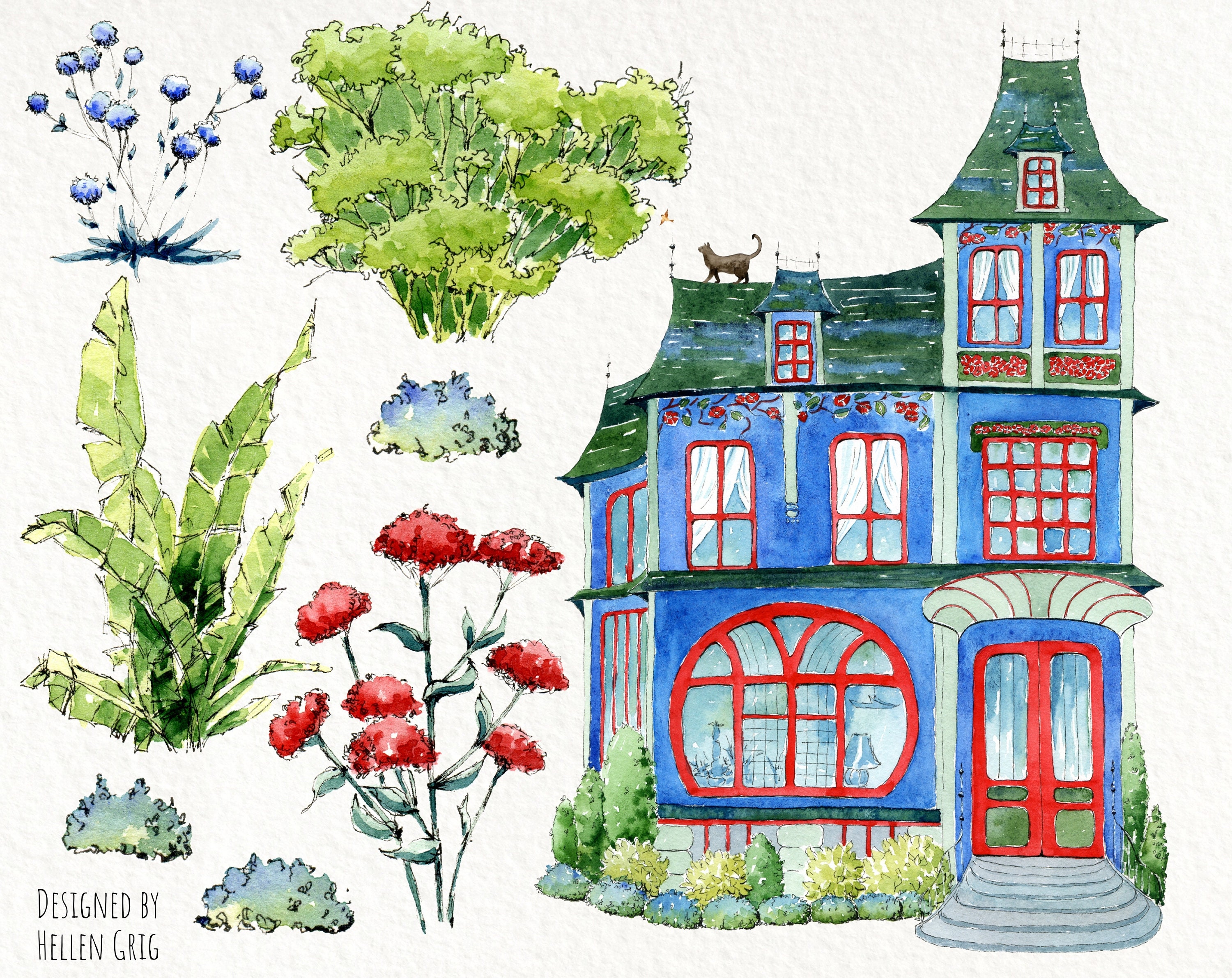 Watercolor Cottage Clipart. Summer House Landscape Clipart - Etsy