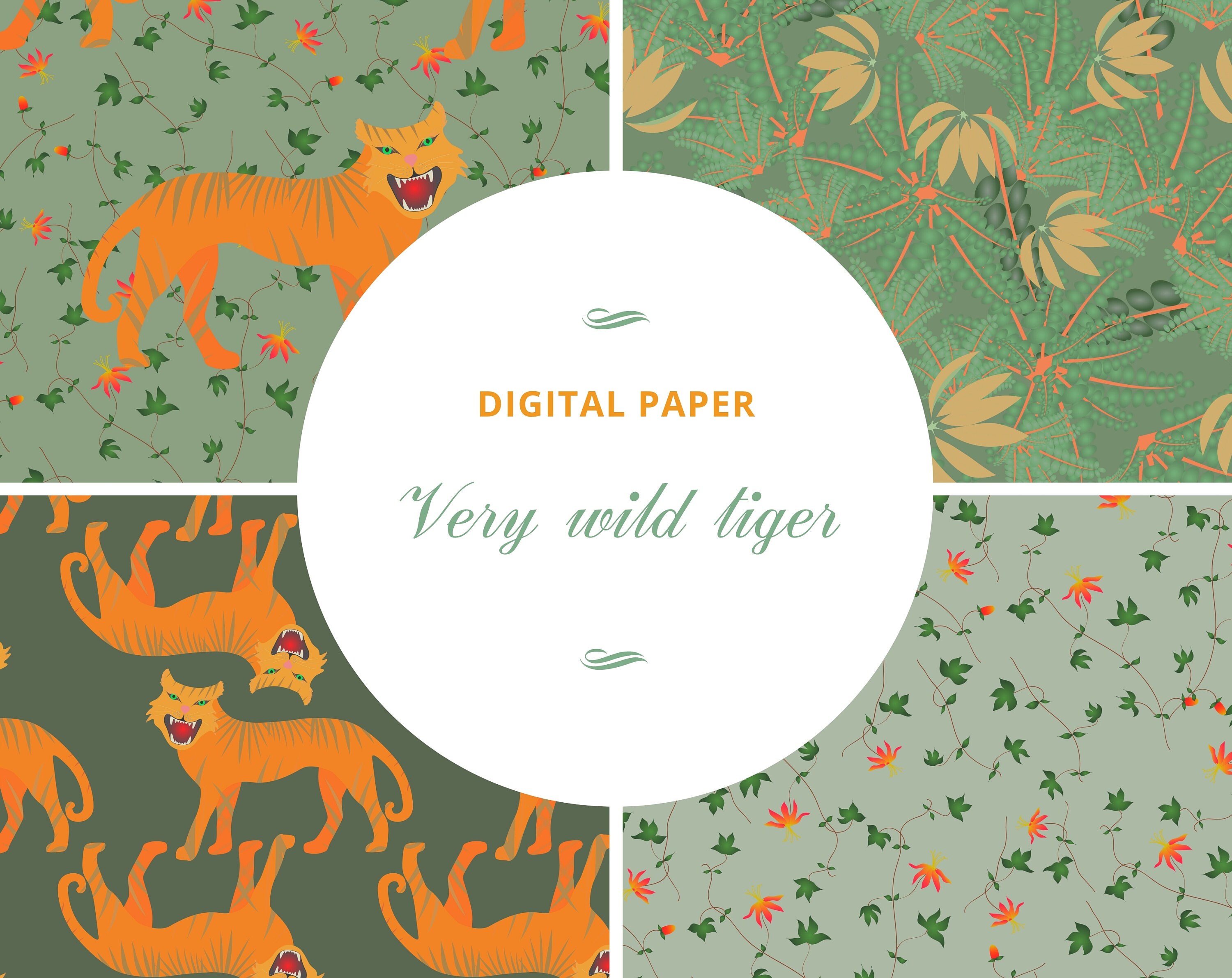 Digital Paper: Exotic Digital Paper. Funny Tiger in Tropical Leaves ...