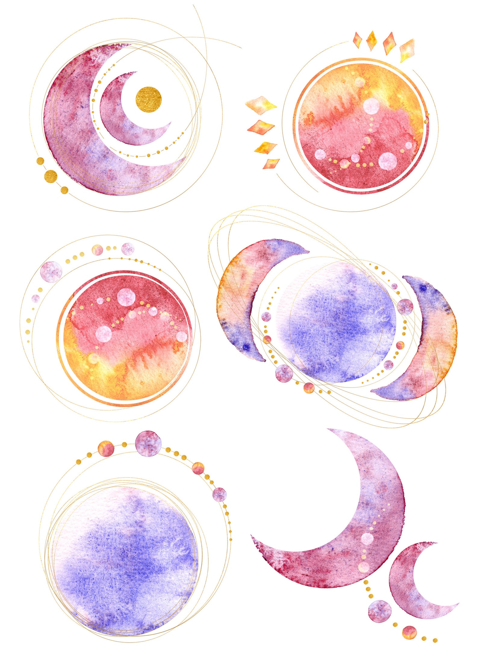 Watercolor Astronomy Clipart, Handpainted Celestial Set: Moon, Planets ...