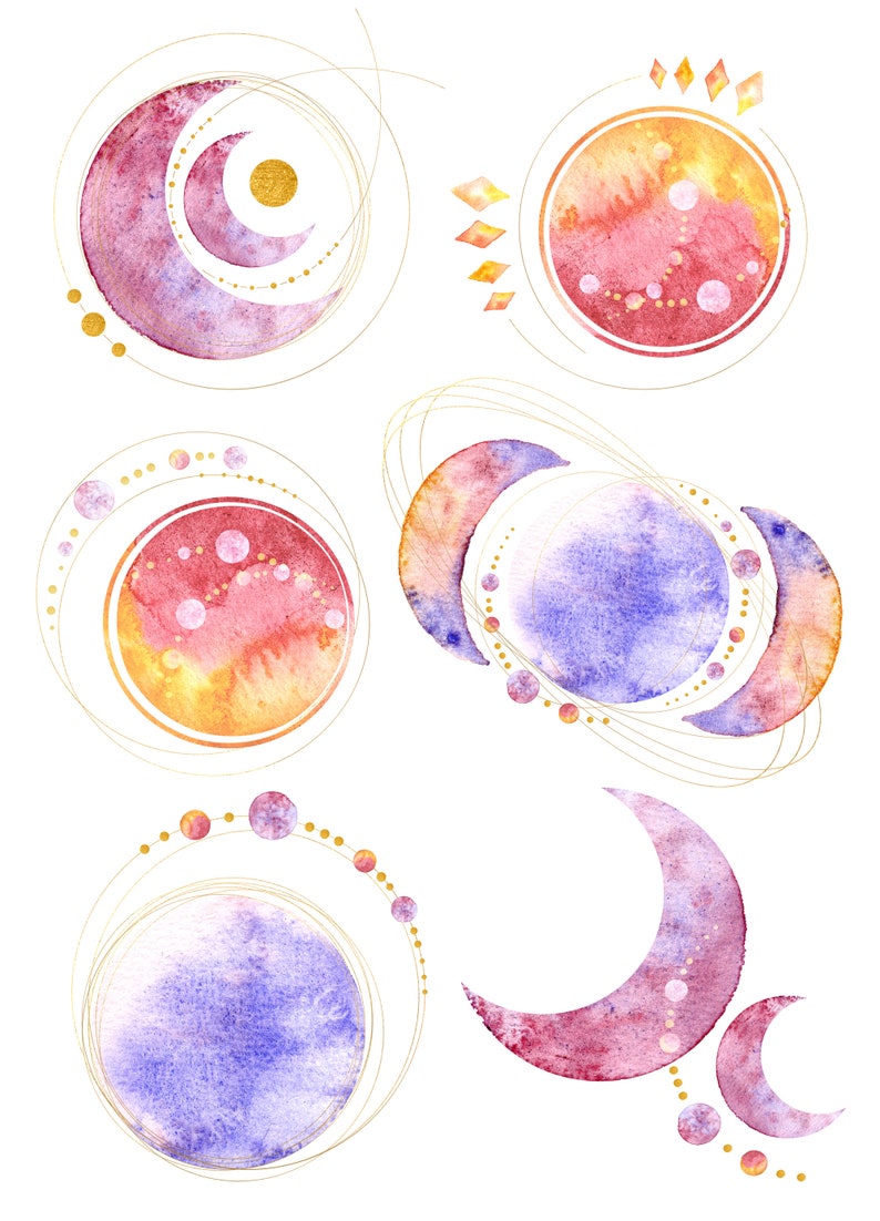 Watercolor Astronomy Clipart, Handpainted Celestial Set: Moon, Planets ...