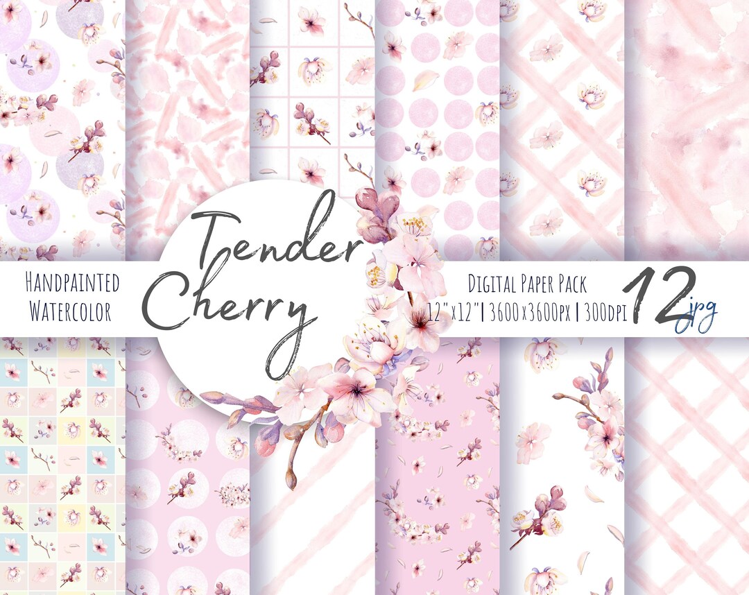 Watercolor Sakura Digital Paper, 12 Seamless Patterns. Handpainted ...