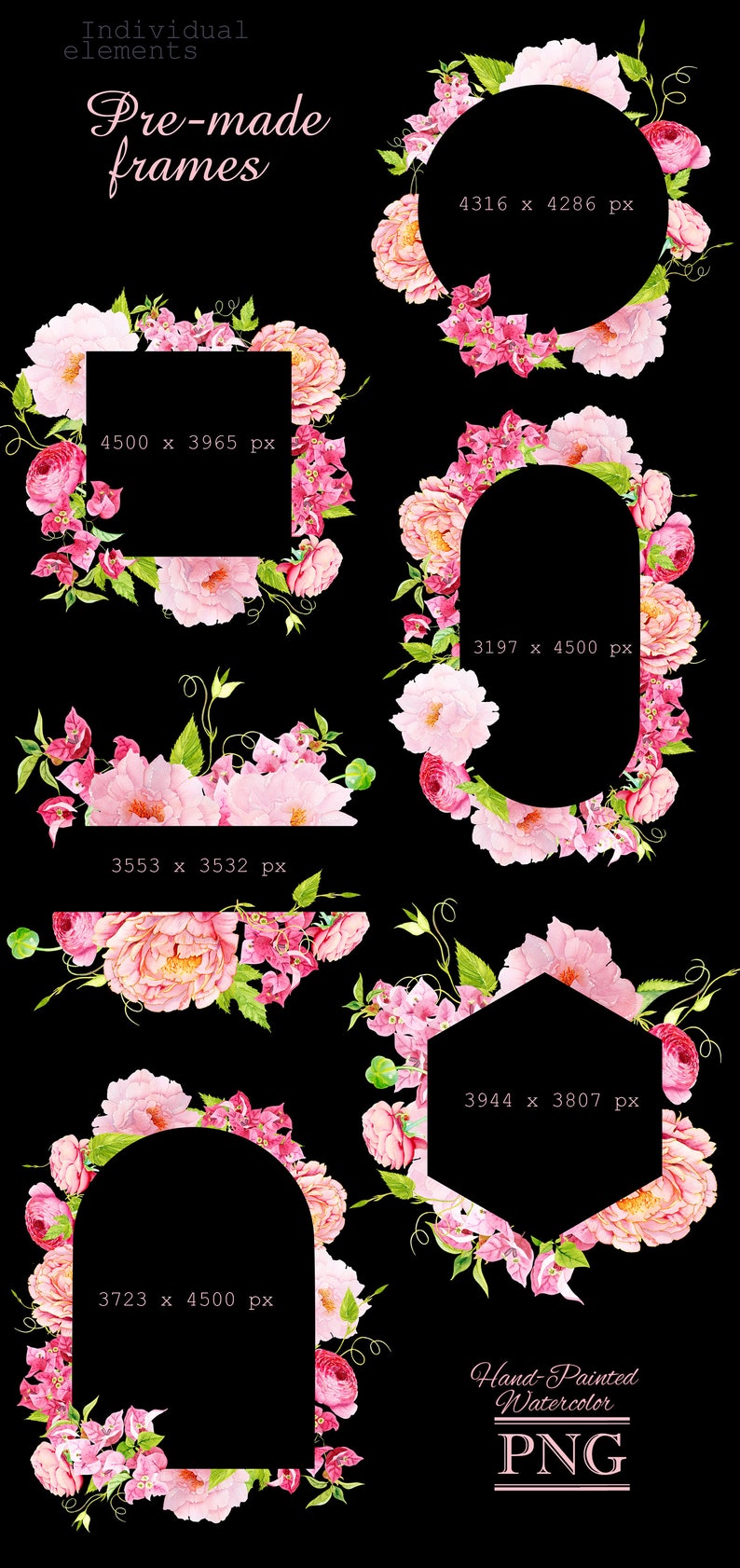Bright Floral Frames. Watercolor Vivid Summer Peonies Geometric Frames ...
