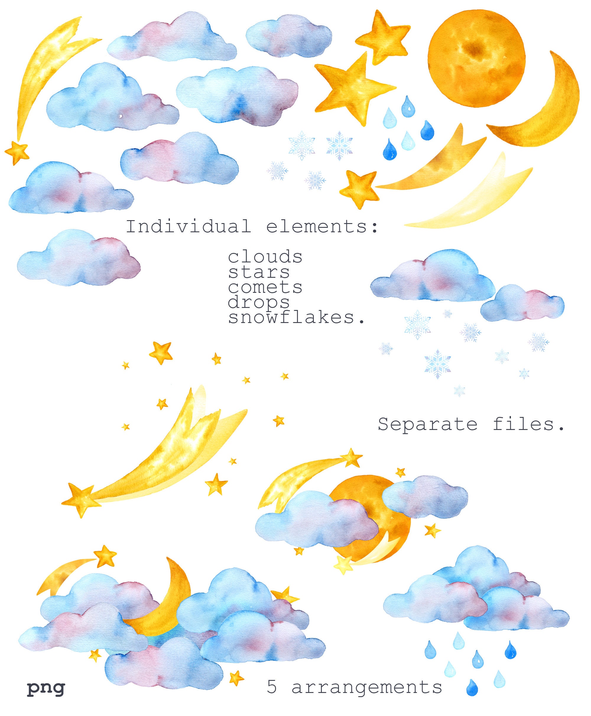 Watercolor Sky Clipart. Sky Constructor Nursery Kit. Cloud, Star, Comet ...