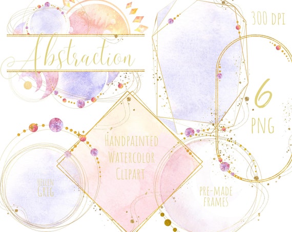 Gold Frame Clipart. Pink Watercolor Splashes Background. - Etsy