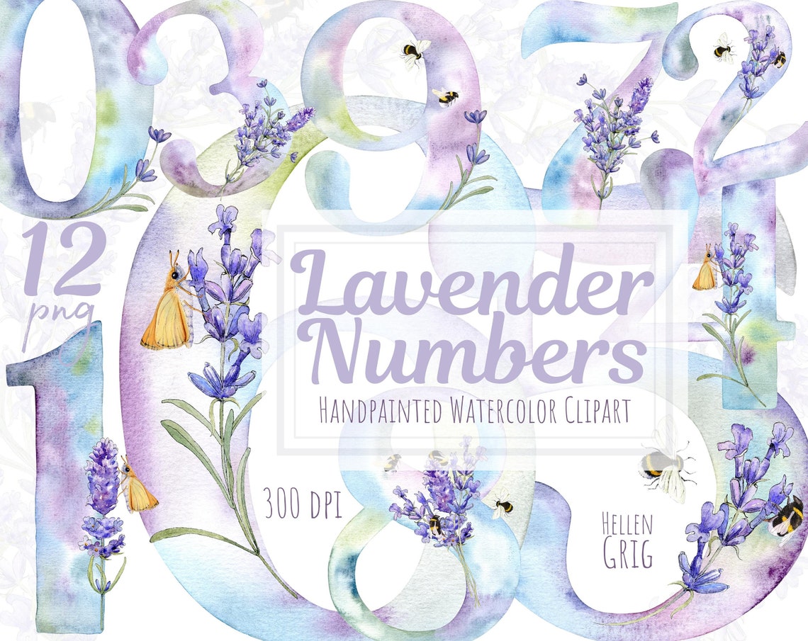 Watercolor Lavender Numbers Clipart Hand Painted Number - Etsy