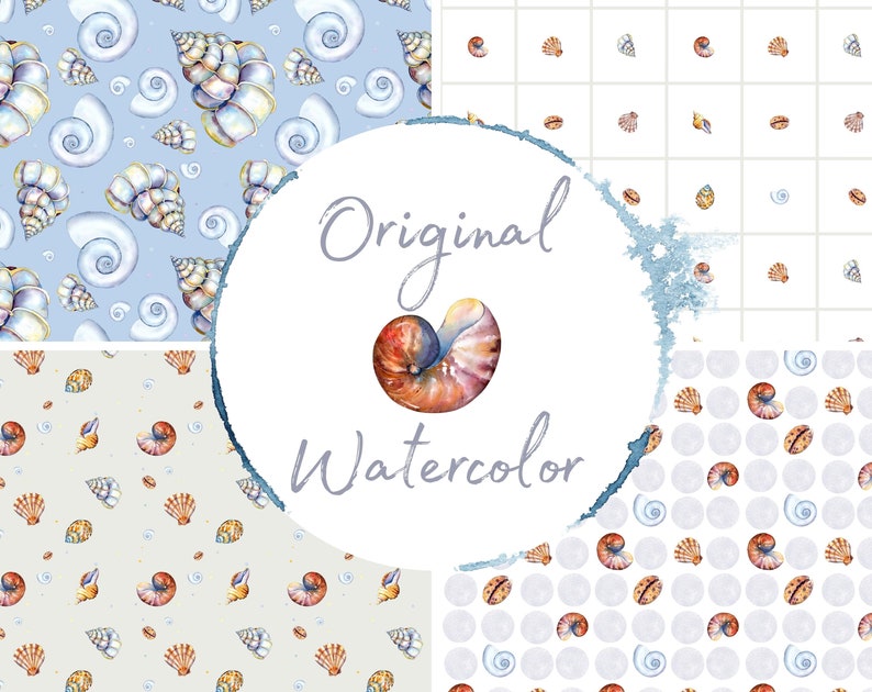 Watercolor Seashell Digital Paper, 12 Seamless Patterns. Nautical ...