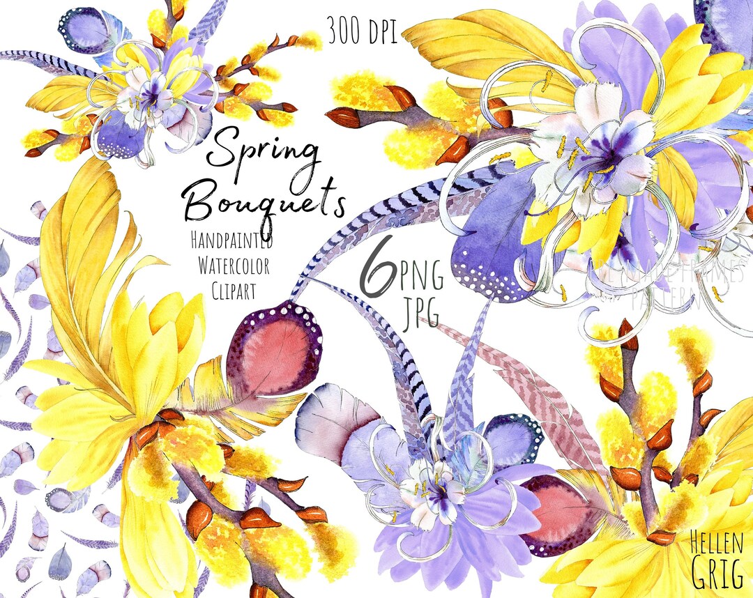 Watercolor Boho Floral Clipart. Spring Bouquets. Yellow Violet Flowers ...