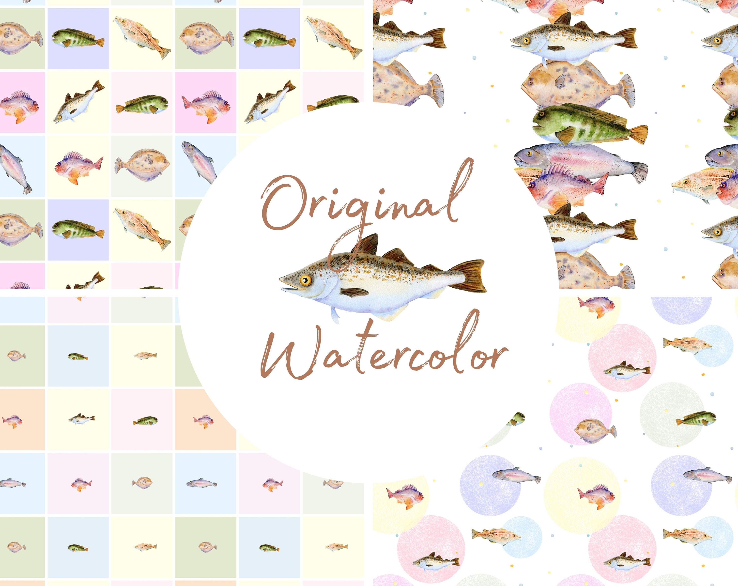 Watercolor Fish Digital Paper, 12 Seamless Patterns. Handpainted Sea ...