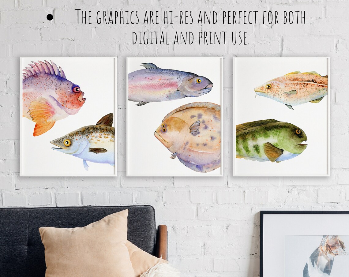 Fish Watercolor Clipart. Handpainted Sea Fish Clip Art. - Etsy
