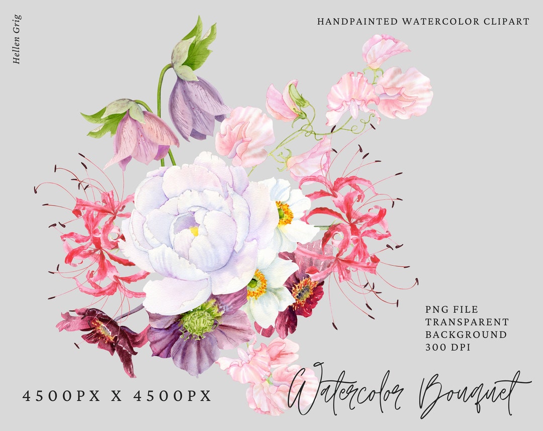 Watercolor Flower Clipart, Pink Peony Bouquet, Floral Arrangements ...