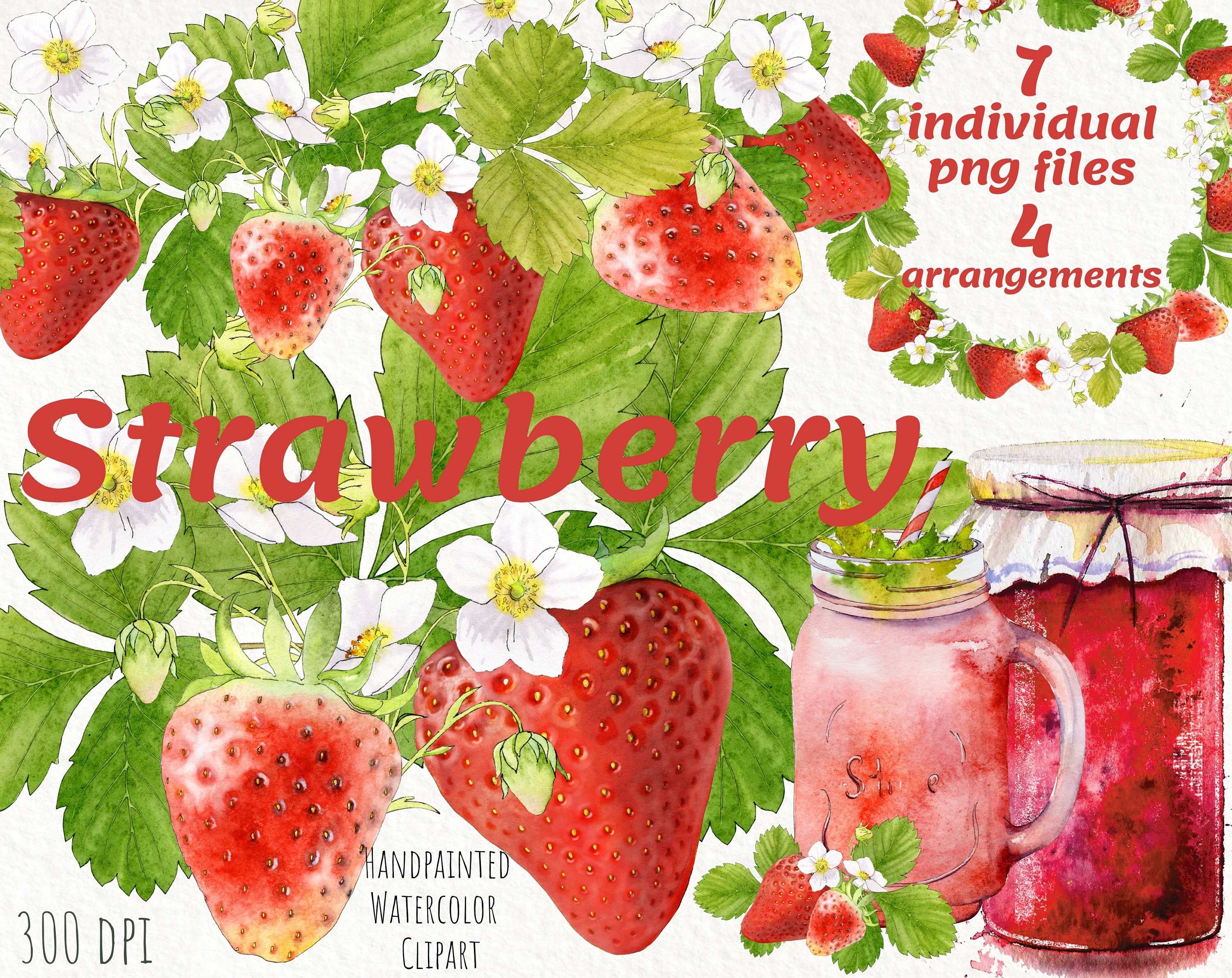 Watercolor Strawberry Clipart Handpainted Bright Summer - Etsy