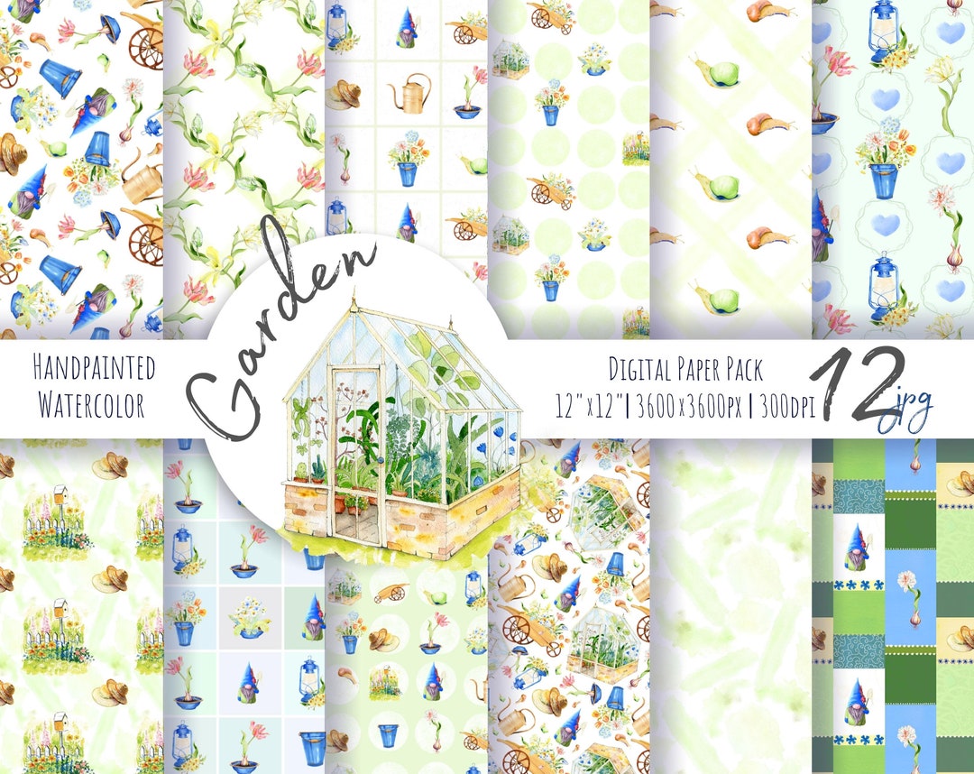 Watercolor Garden Digital Paper, 12 Seamless Patterns. Handpainted Farm ...