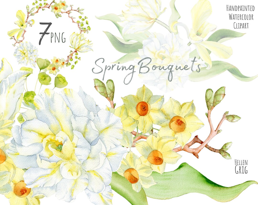 Wedding Watercolor Bouquets. Hand Painted Clipart. Yellow Tulips ...