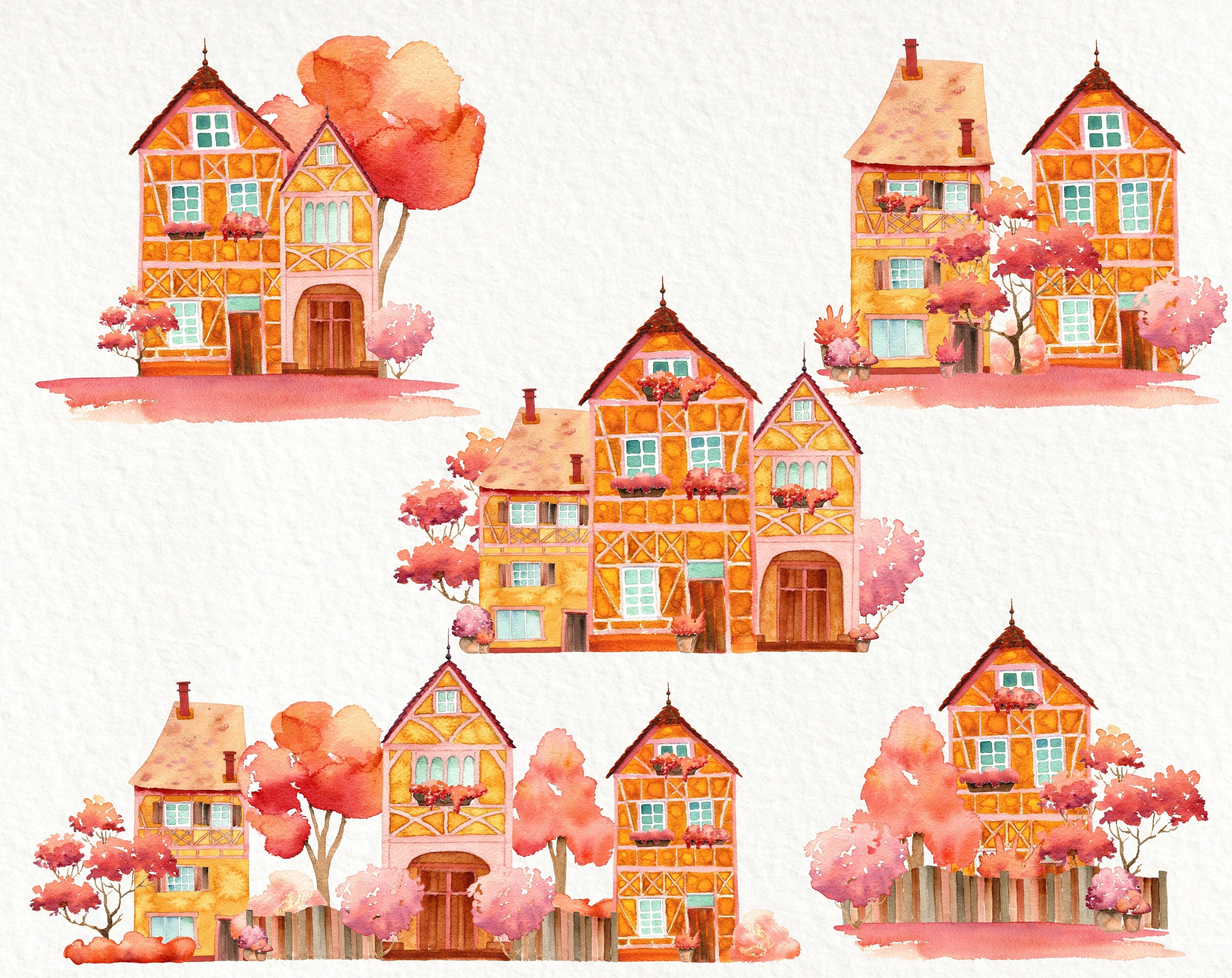 Autumn Village Watercolor Fall Clipart. Handpainted Ohra Fachwerk ...