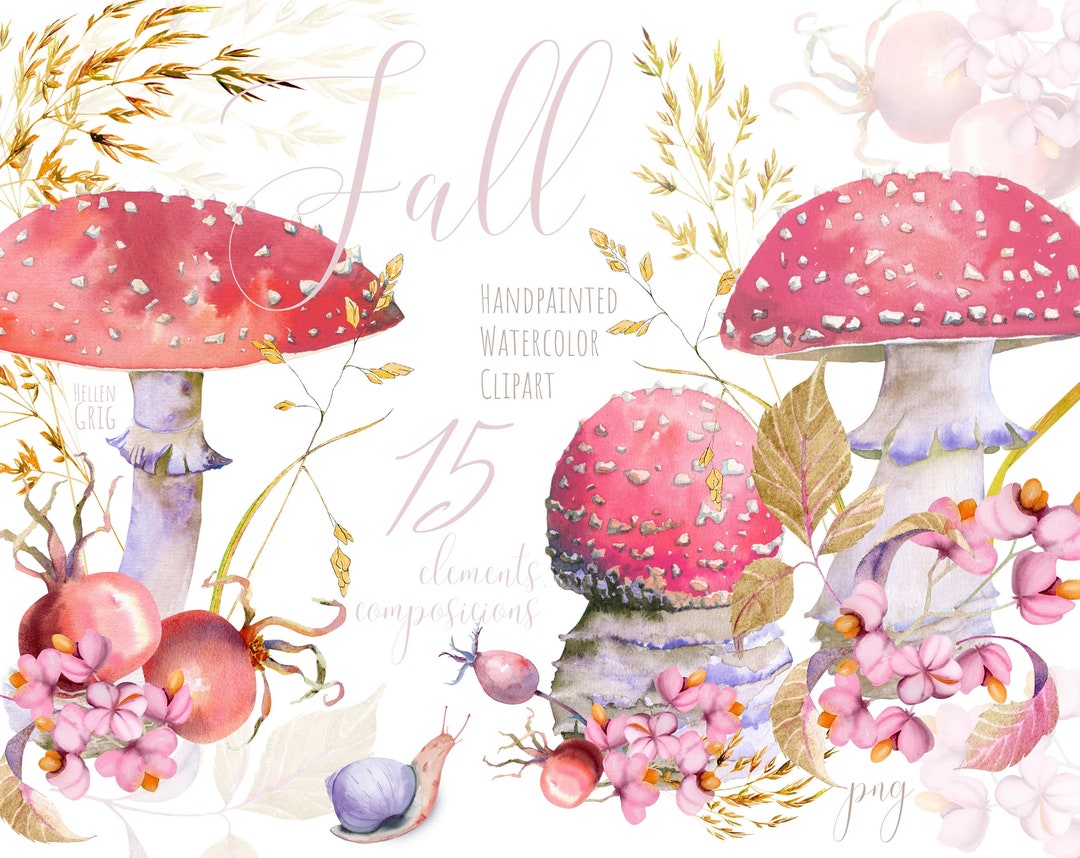 Watercolor Fall Clipart, Forest Autumn Clipart, Handpainted Mushrooms ...