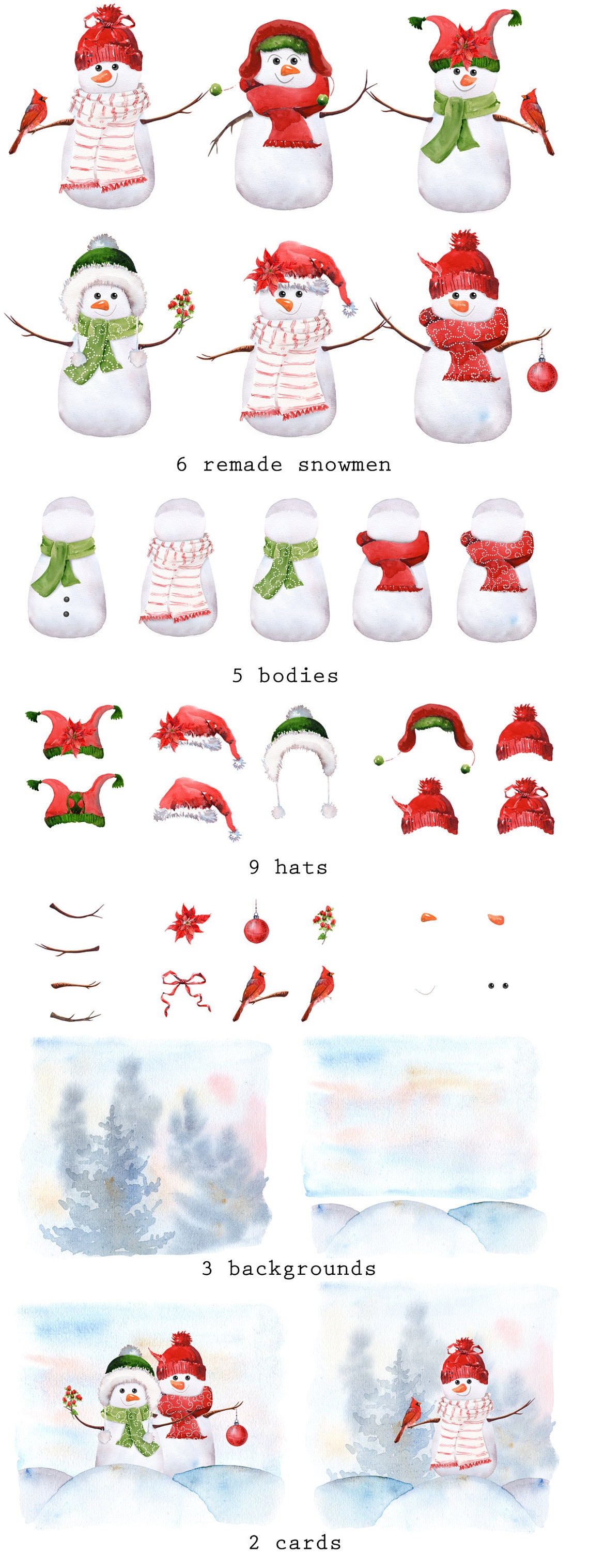 Watercolor Snowmen Clipart. Christmas Snowmen Constructor Kit. - Etsy