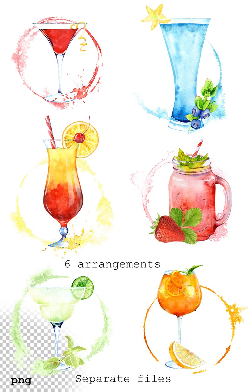 Watercolor Cocktail Clipart, Alcohol Clipart, Handpainted Bright Summer ...