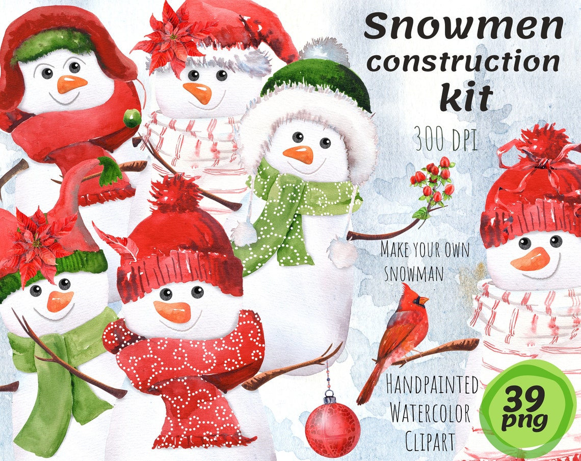 Watercolor Snowmen Clipart. Christmas Snowmen Constructor Kit. | Etsy