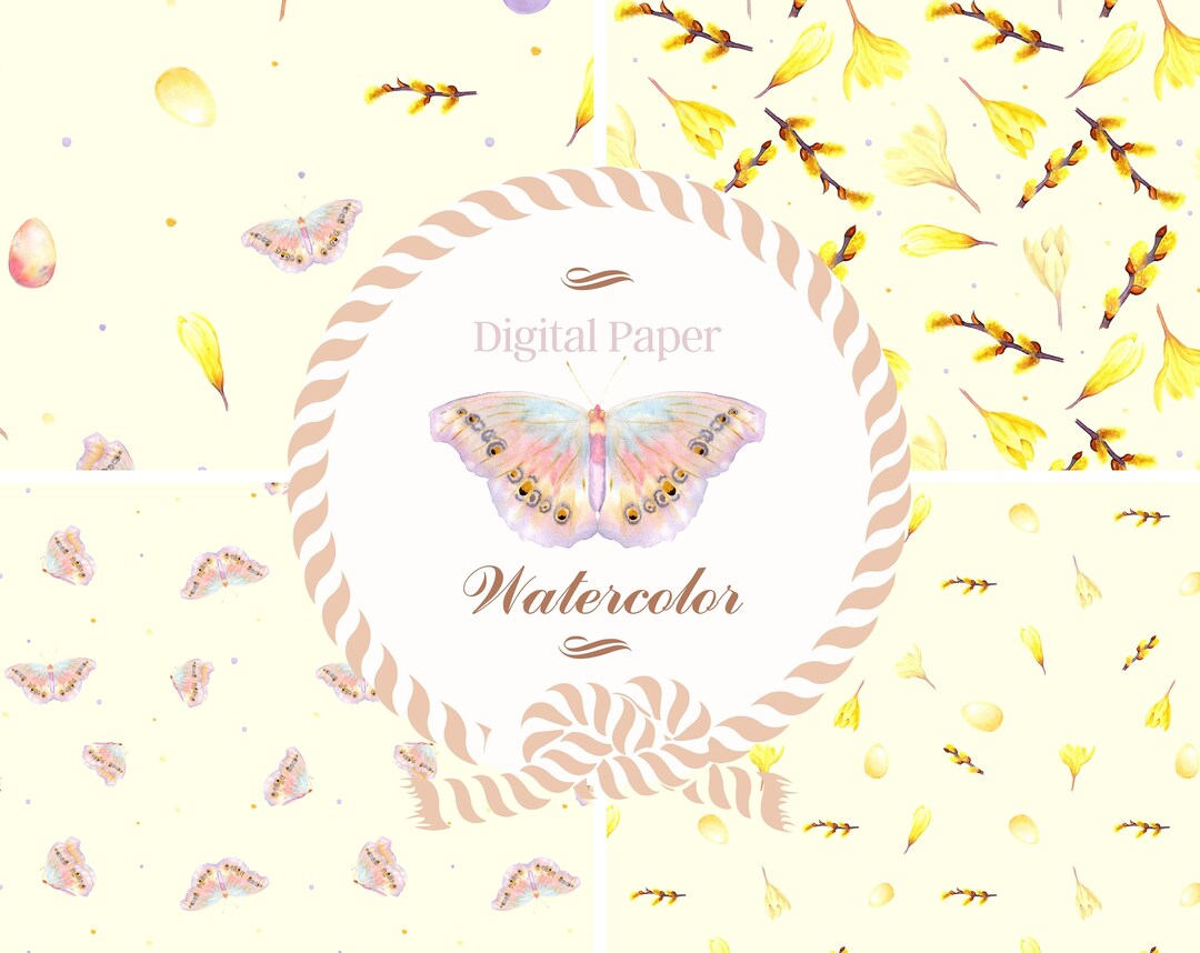 Easter Digital Paper, 6 Seamless Patterns. Watercolor Butterflies ...