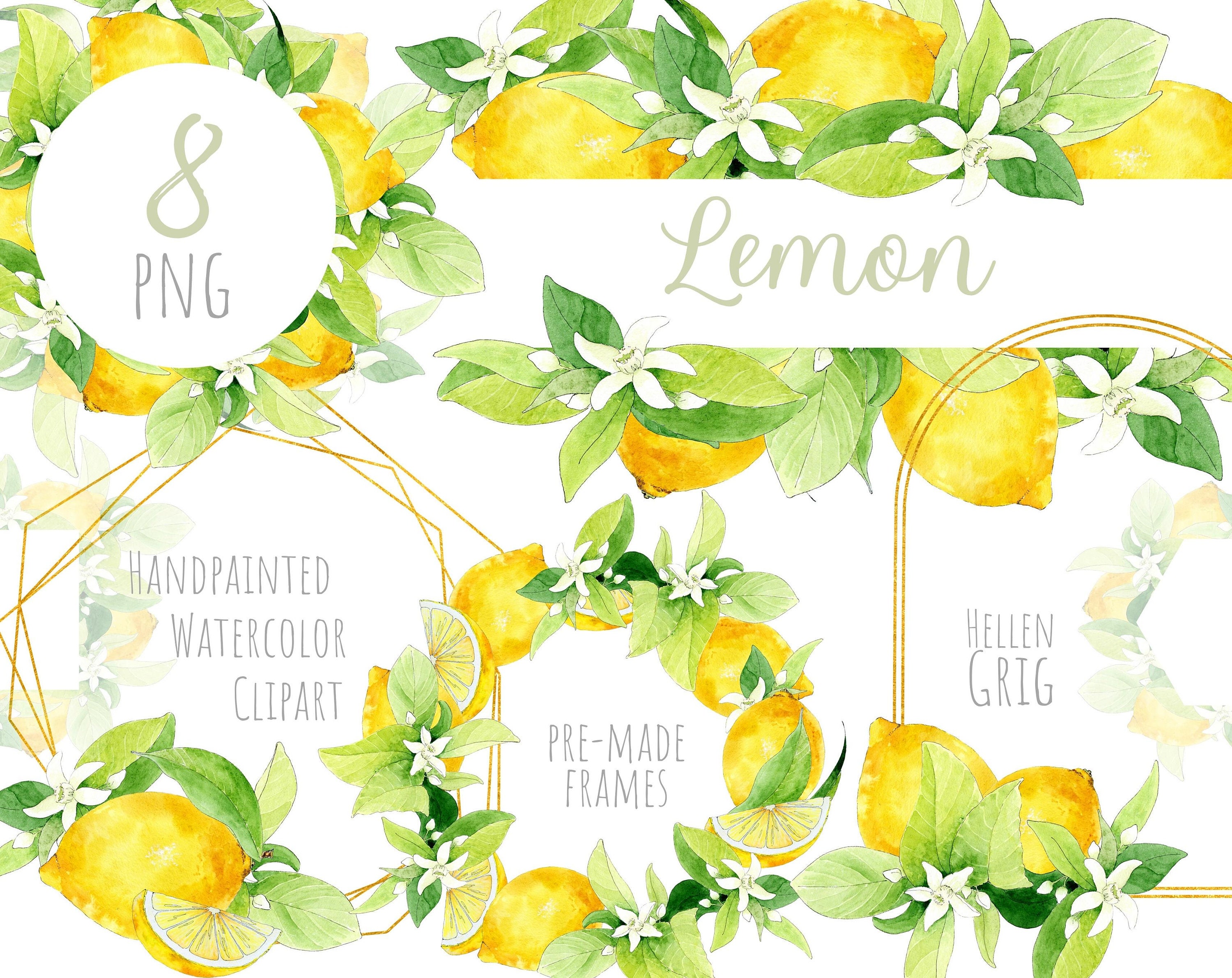 Watercolor Lemon Frame Clipart. Handpainted Bright Summer Fruit. Gold ...