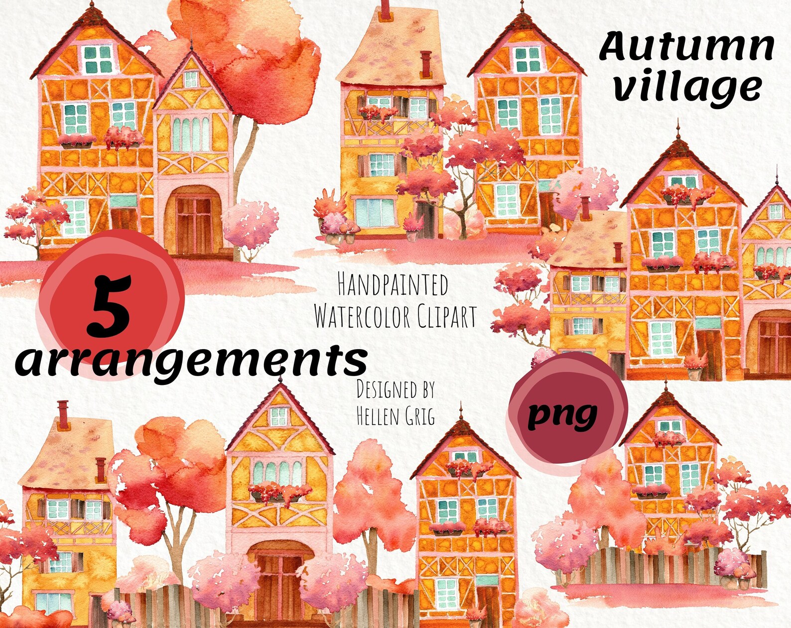 Autumn Village Watercolor Fall Clipart. Handpainted Ohra - Etsy