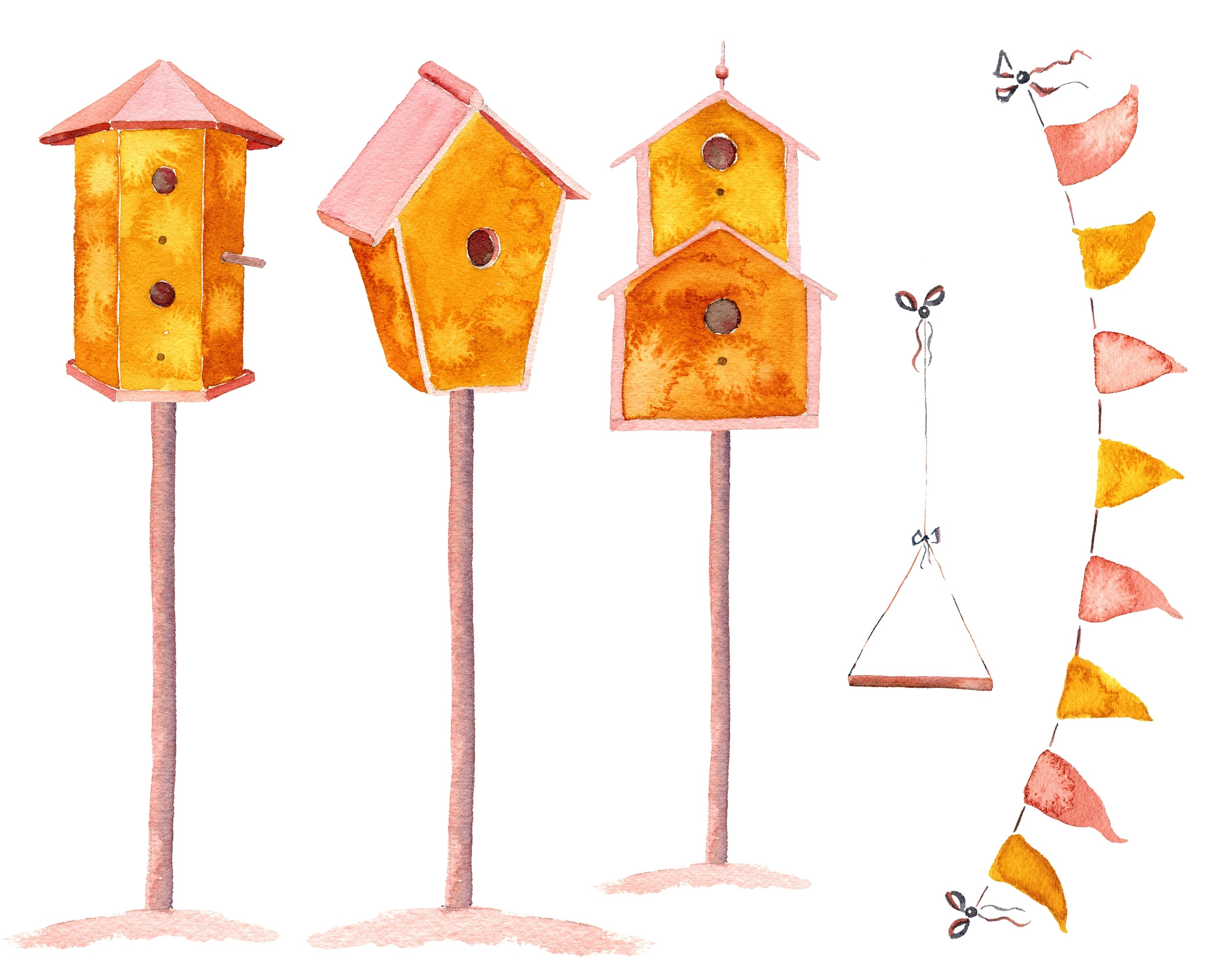 Watercolor Spring Clip Art, Handpainted Robin Birds and Bird Houses ...