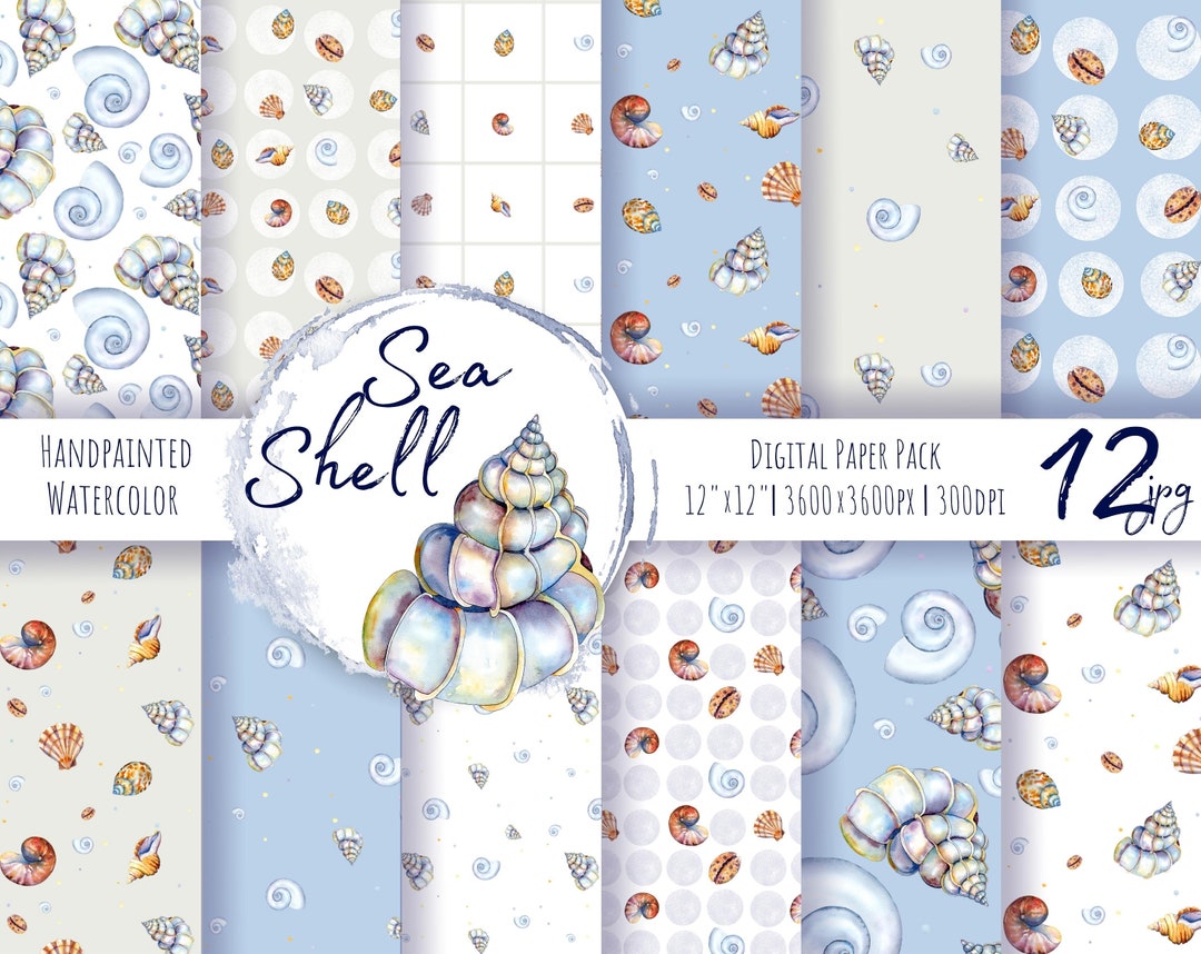 Watercolor Seashell Digital Paper, 12 Seamless Patterns. Nautical ...